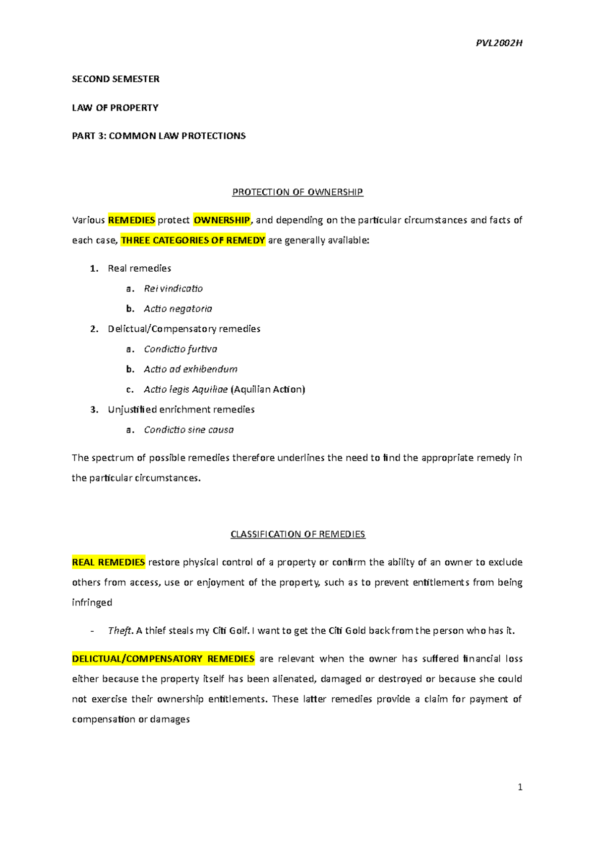 Common Law Protection of Ownership and Remedies - SECOND SEMESTER LAW ...