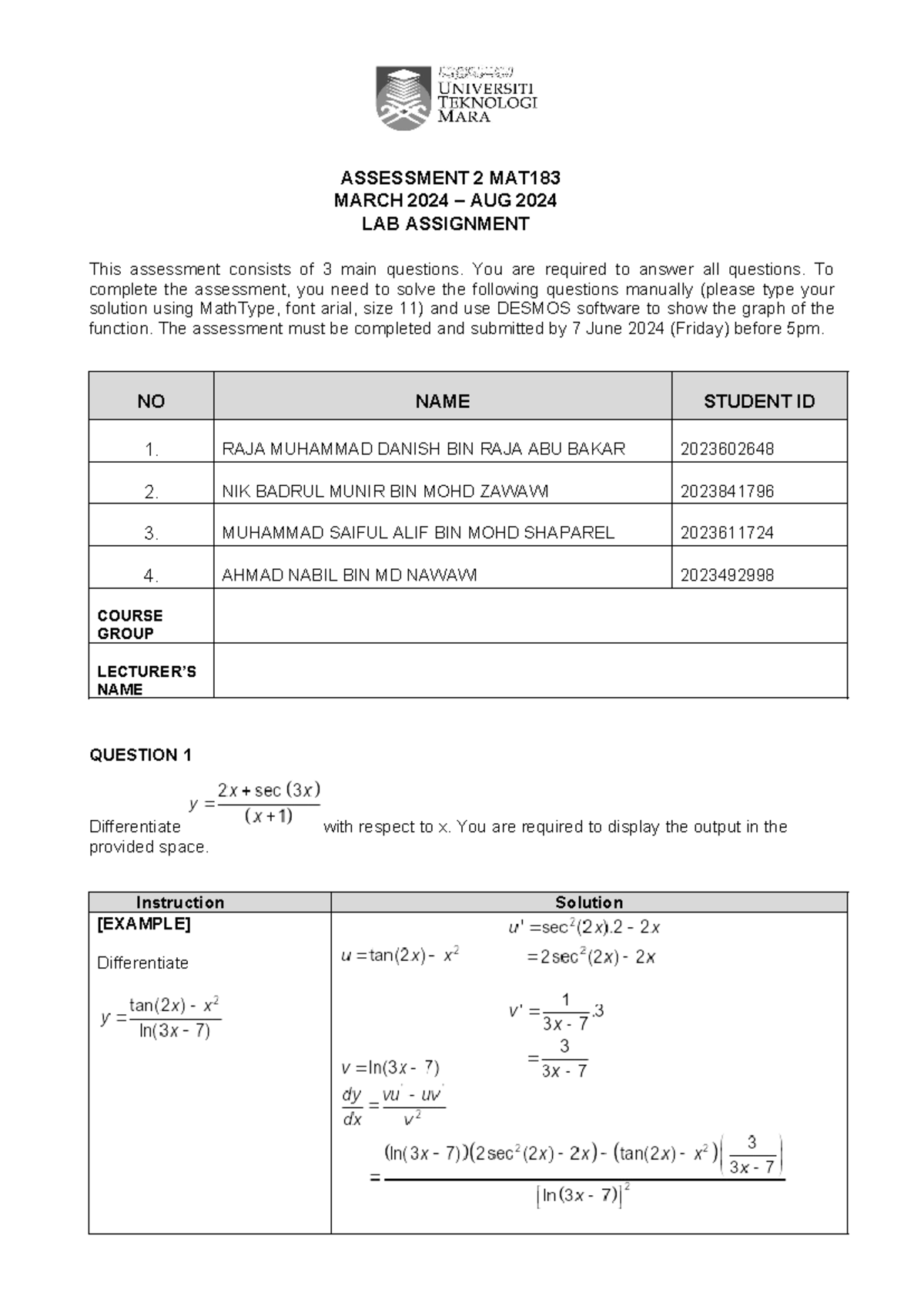 Assessment 2 LAB Assignment MAT183 MAY2024 - ASSESSMENT 2 MAT MARCH 2024 – AUG 2024 LAB ...