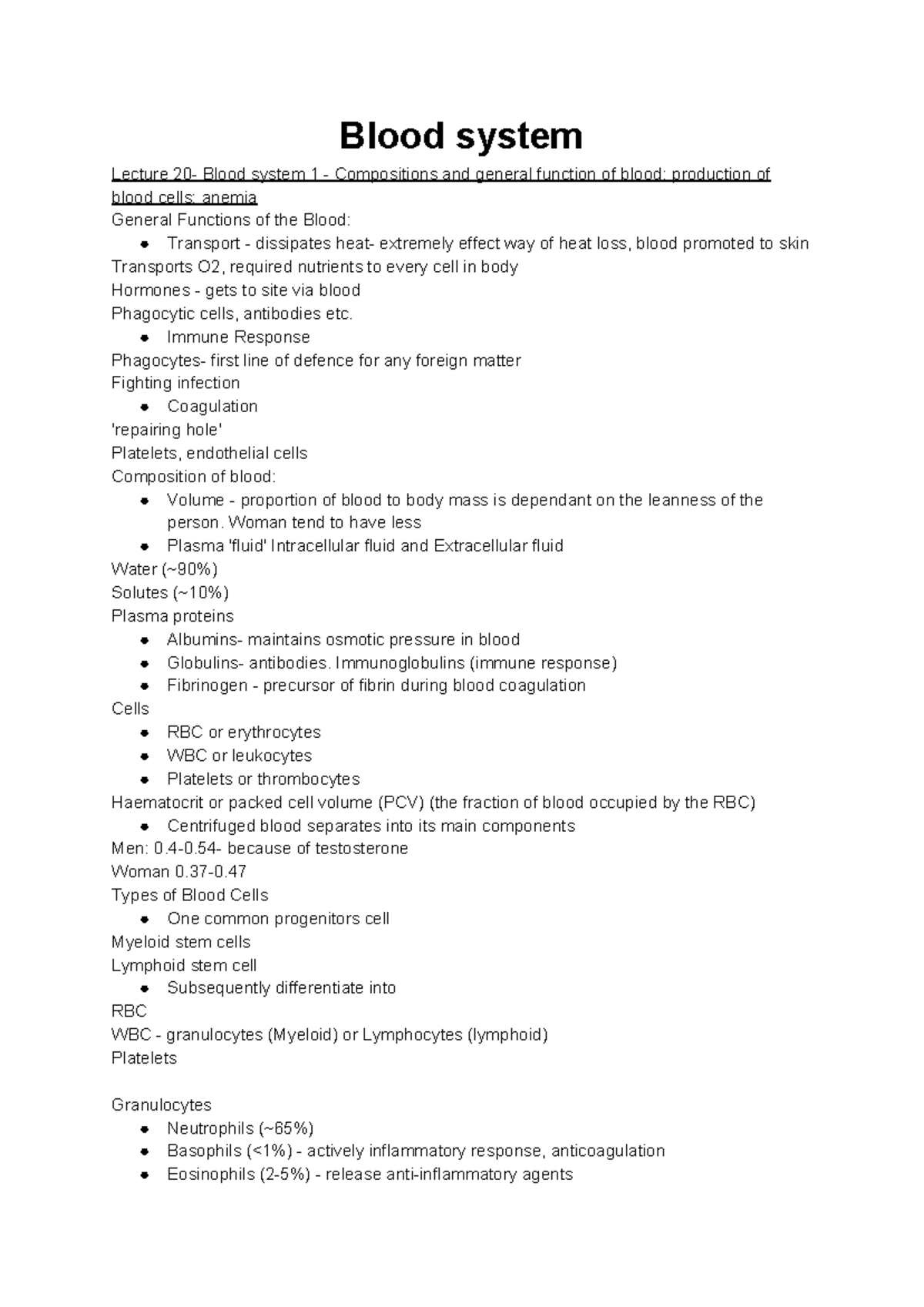 Blood system - Lecture notes 20-21 - Blood system Lecture 20- Blood ...