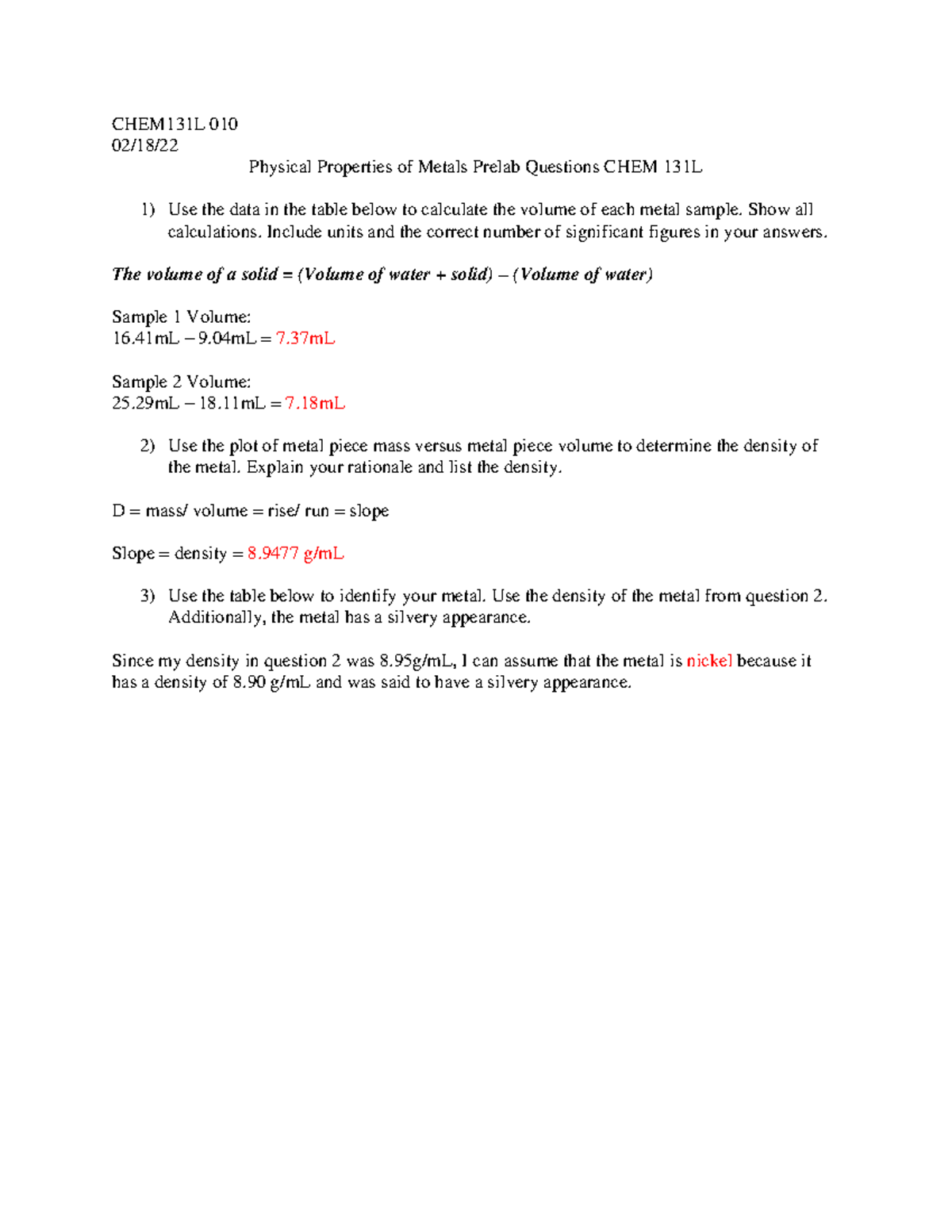 Physical Properties of Metals Prelab - CHEM131L 010 02/18/ Physical ...