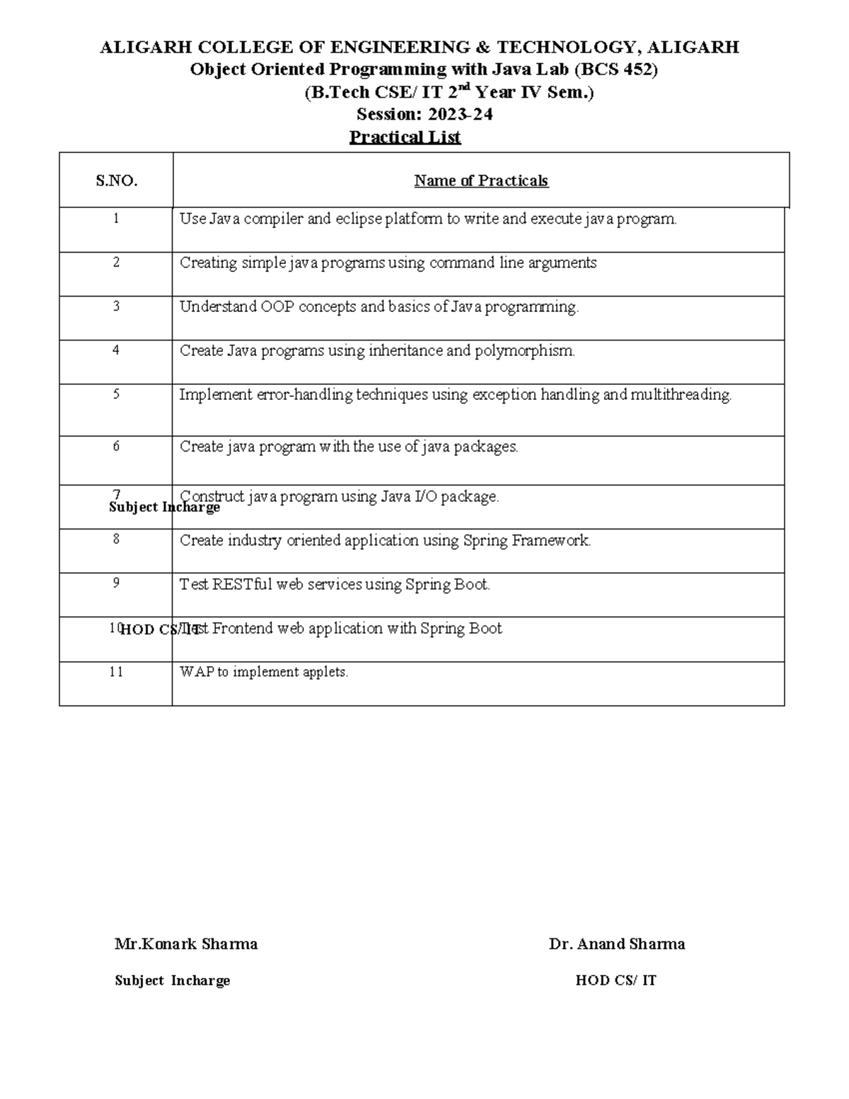 OOPS with Java Lab(BCS 452) - ALIGARH COLLEGE OF ENGINEERING & TECHNOLOGY, ALIGARH Object - Studocu