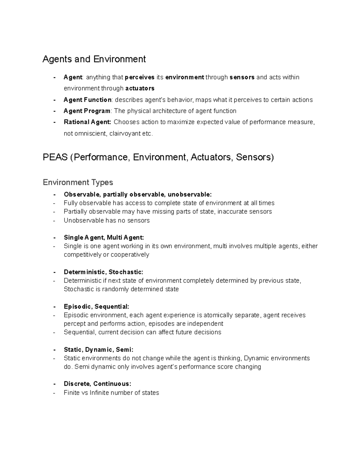 Ai notes - Agents and Environment Agent: anything that perceives its ...