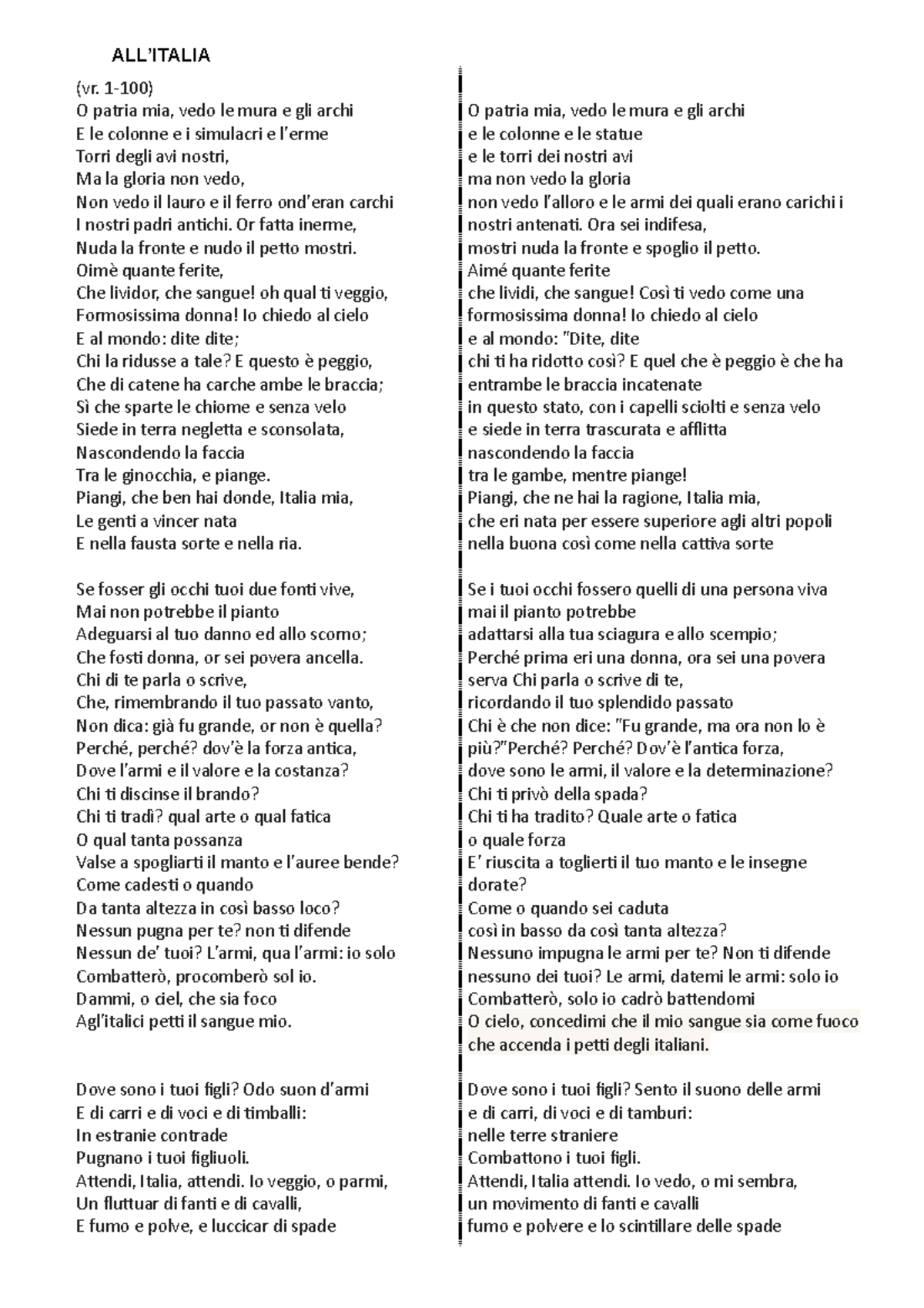 Poesie + Parafrasi Leopardi - ALL’ITALIA (vr. 1-100) O patria mia, vedo ...