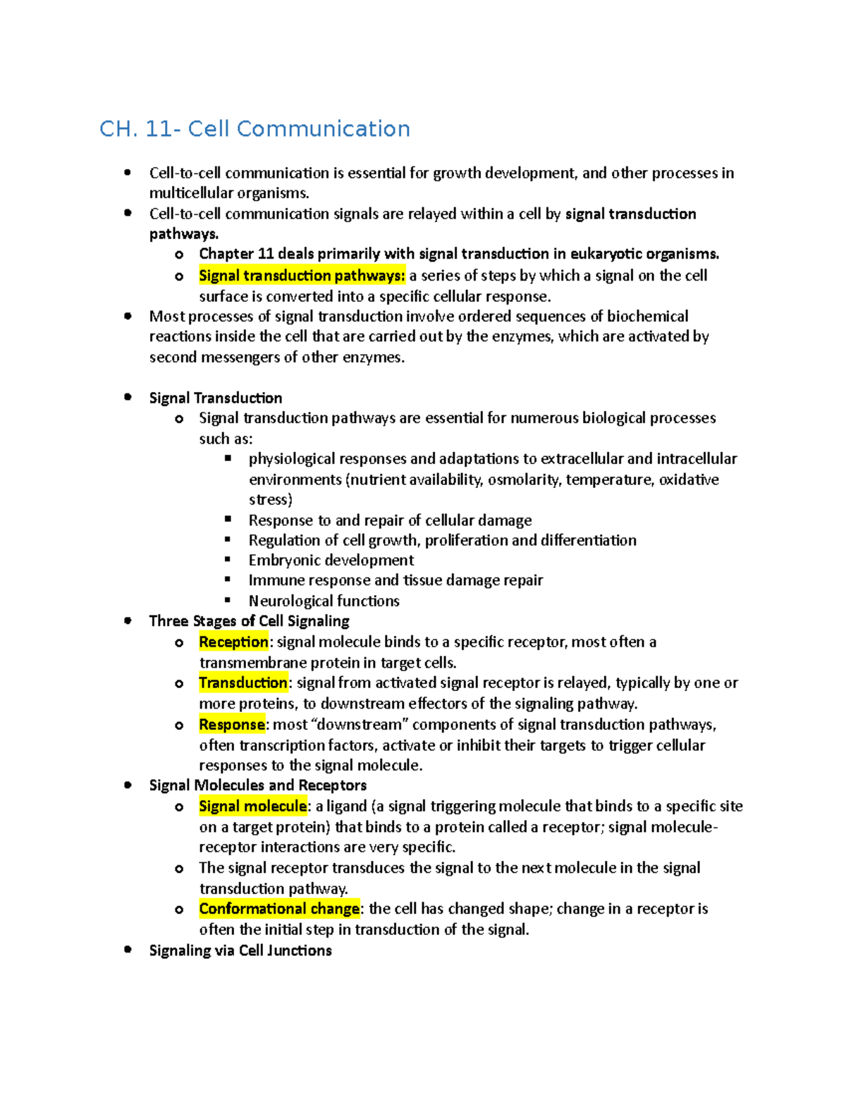 BSC 114 Ch. 11 Outline - CH. 11- Cell Communication Cell-to-cell ...