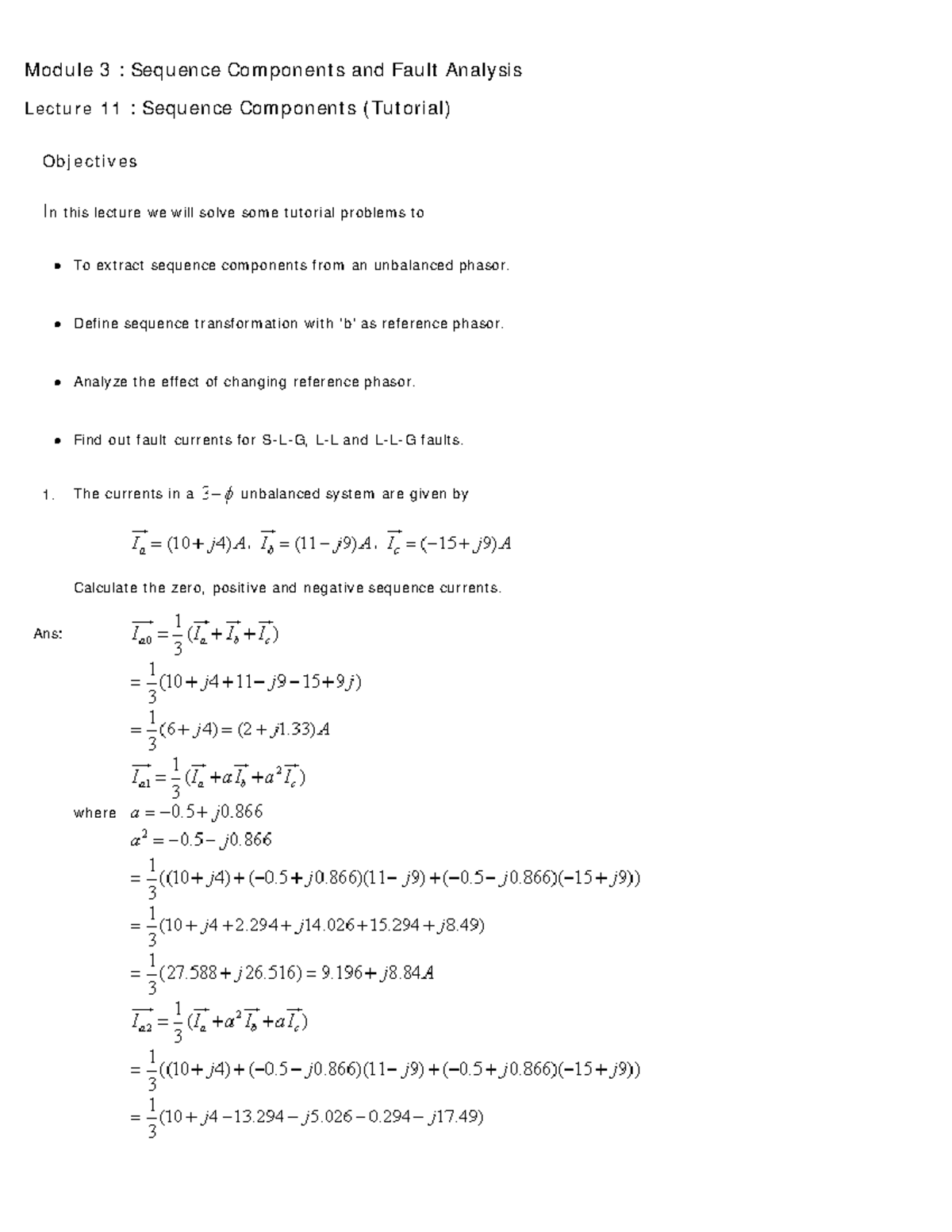 Lecture 11 Sequence Components And Fault Analysis Sequence