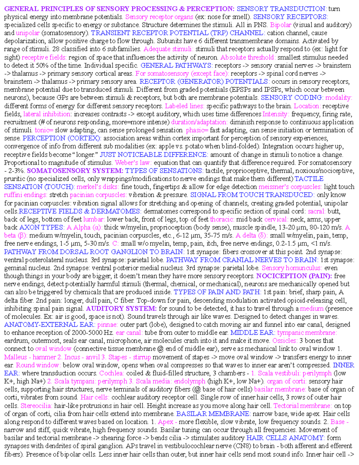 FBBC Cheat Sheet EXAM 3 - GENERAL PRINCIPLES OF SENSORY PROCESSING ...