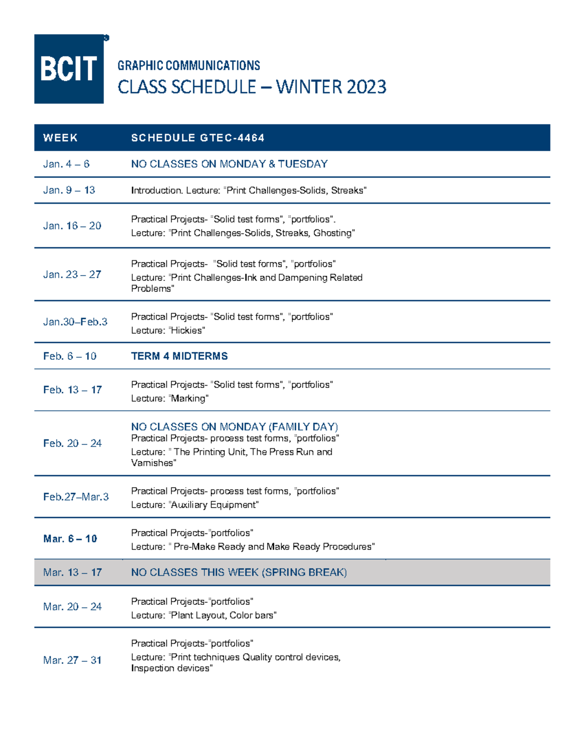 GTEC Schedule Winter-2023 - GRAPHIC COMMUNICATIONS CLASS SCHEDULE ...