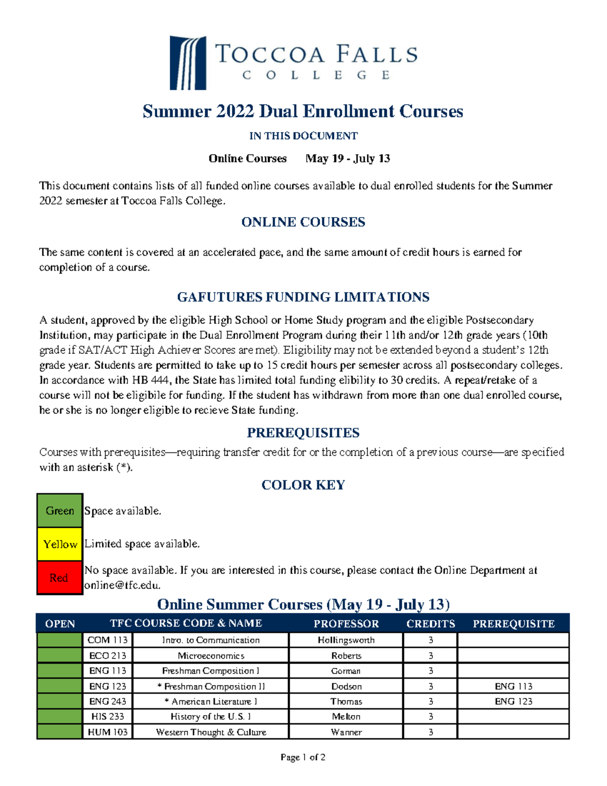 2022 Summer Dual Enrollment Class Schedule 1 - May 19 - July 13 Green ...