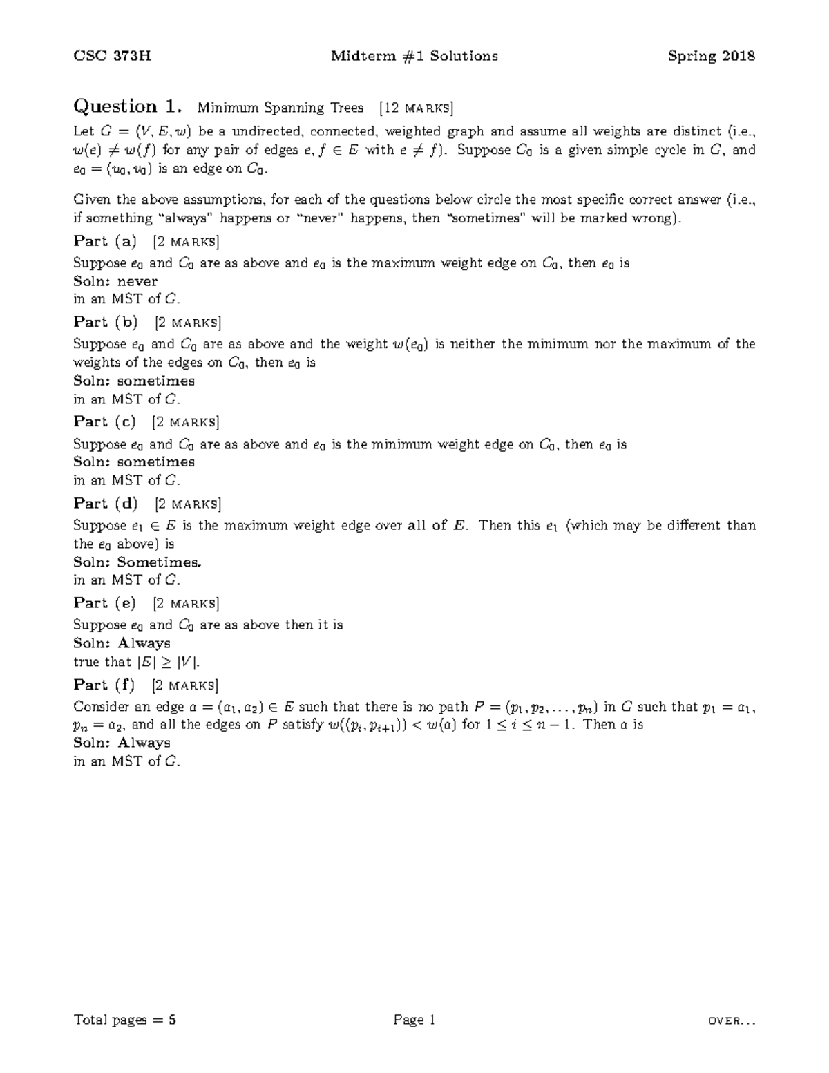 Midterm 1 with solutions - Question 1. Minimum Spanning Trees [12 marks] Let G = (V, E, w) be a ...