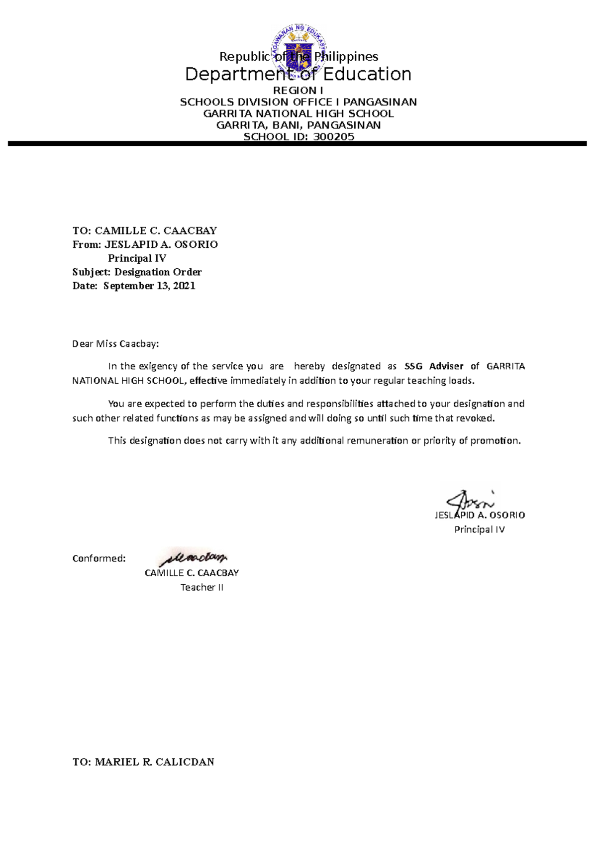 Garrita NHS Designation Order-SSG Adviser - Republic of the Philippines ...