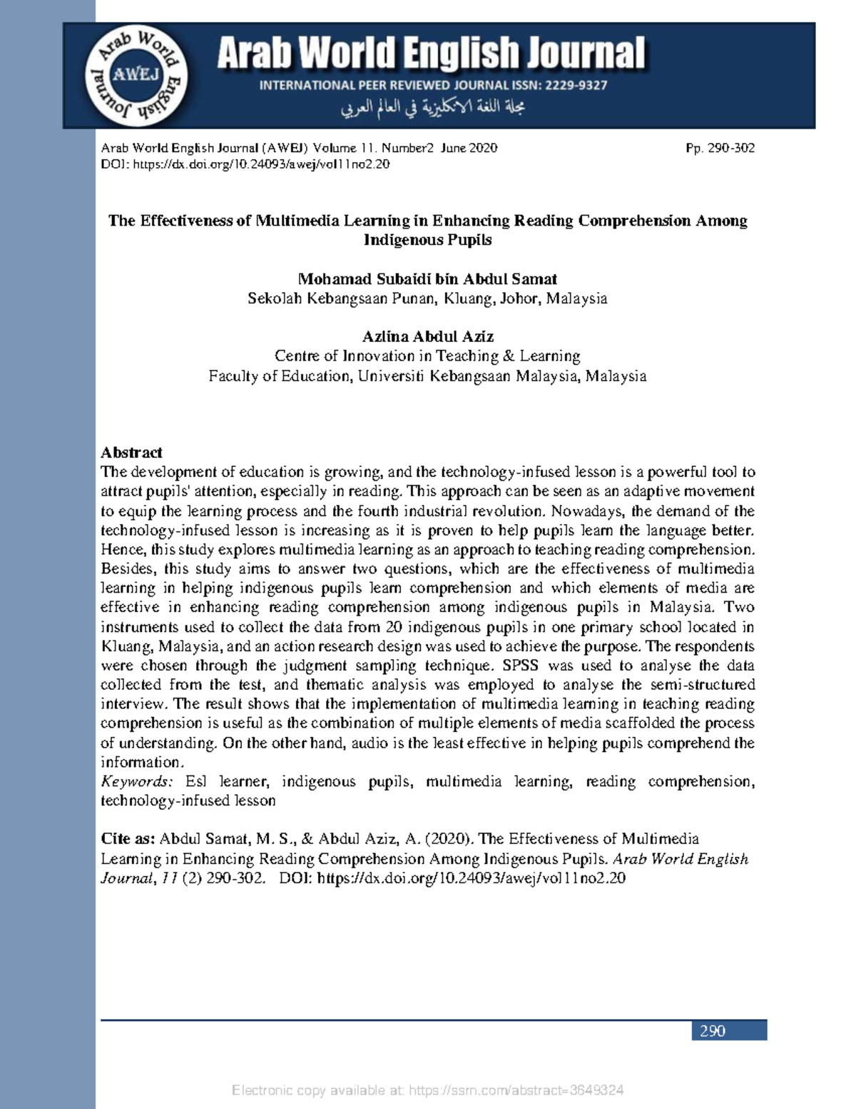 SSRN-id3649324 - none - 290 Arab World English Journal (AWEJ) Volume 11 ...