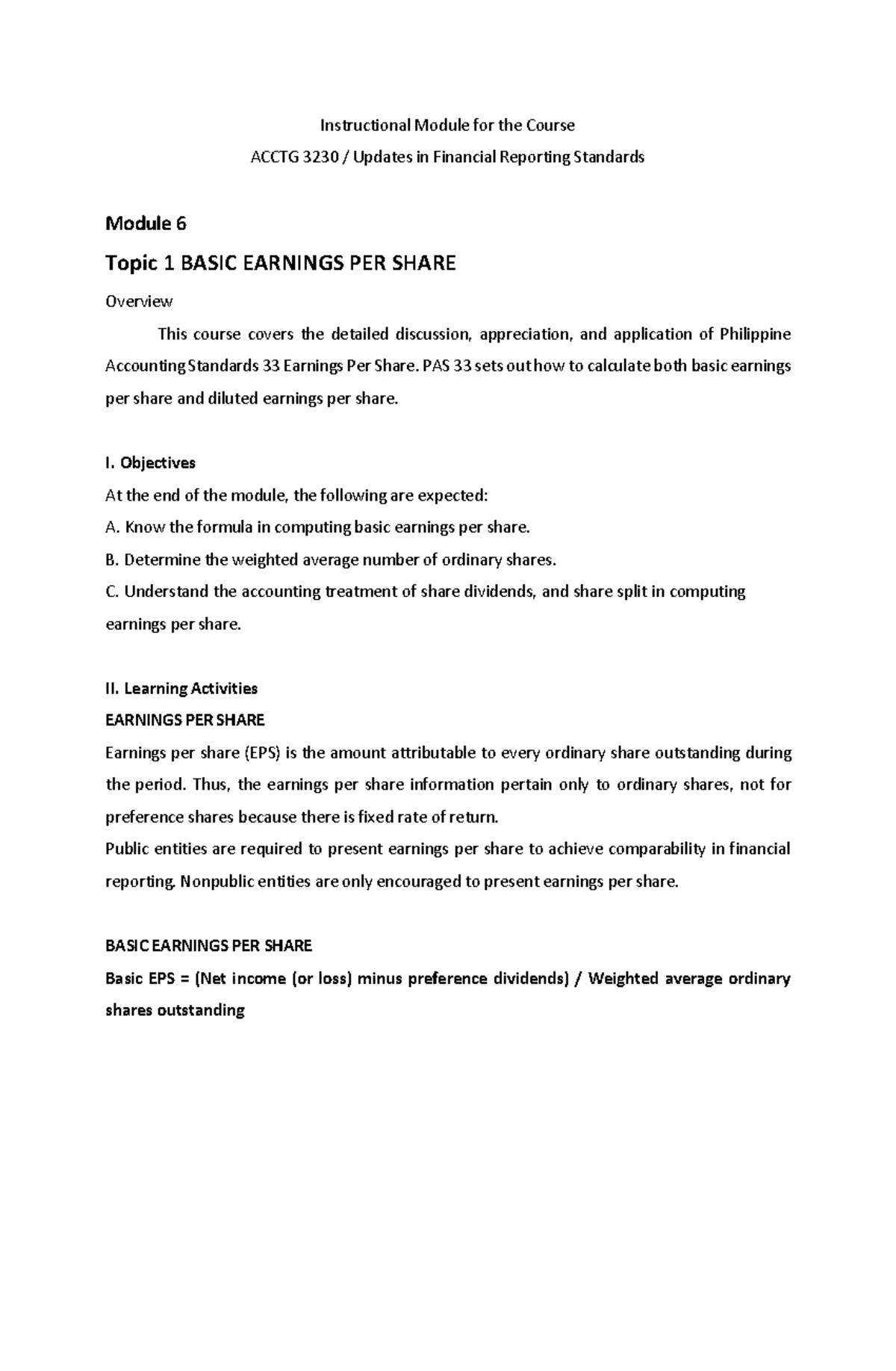Module on Basic Earning Per Share - Instructional Module for the Course ...