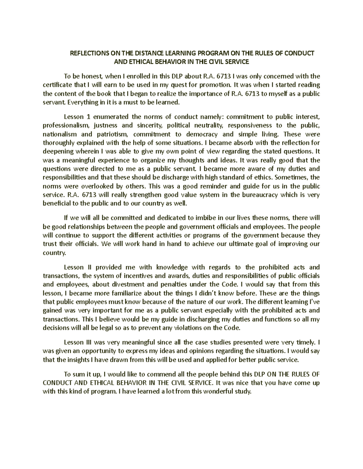 DLP - none - REFLECTIONS ON THE DISTANCE LEARNING PROGRAM ON THE RULES ...