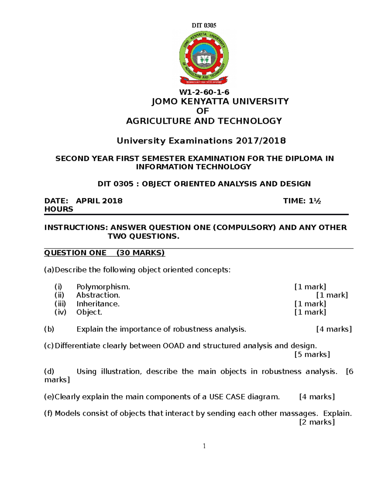 DIT 0305 Object Oriented Analysis AND Design - DIT 0305 W1-2-60-1- JOMO KENYATTA UNIVERSITY OF ...