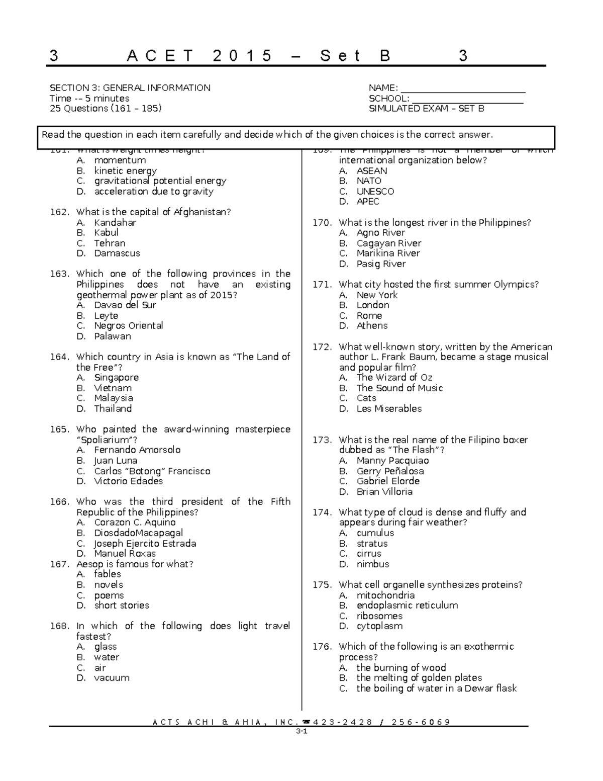 ACET2015 Simulated-EXAM-SET-B Section-3 General- Information-v.8 - 3 A ...