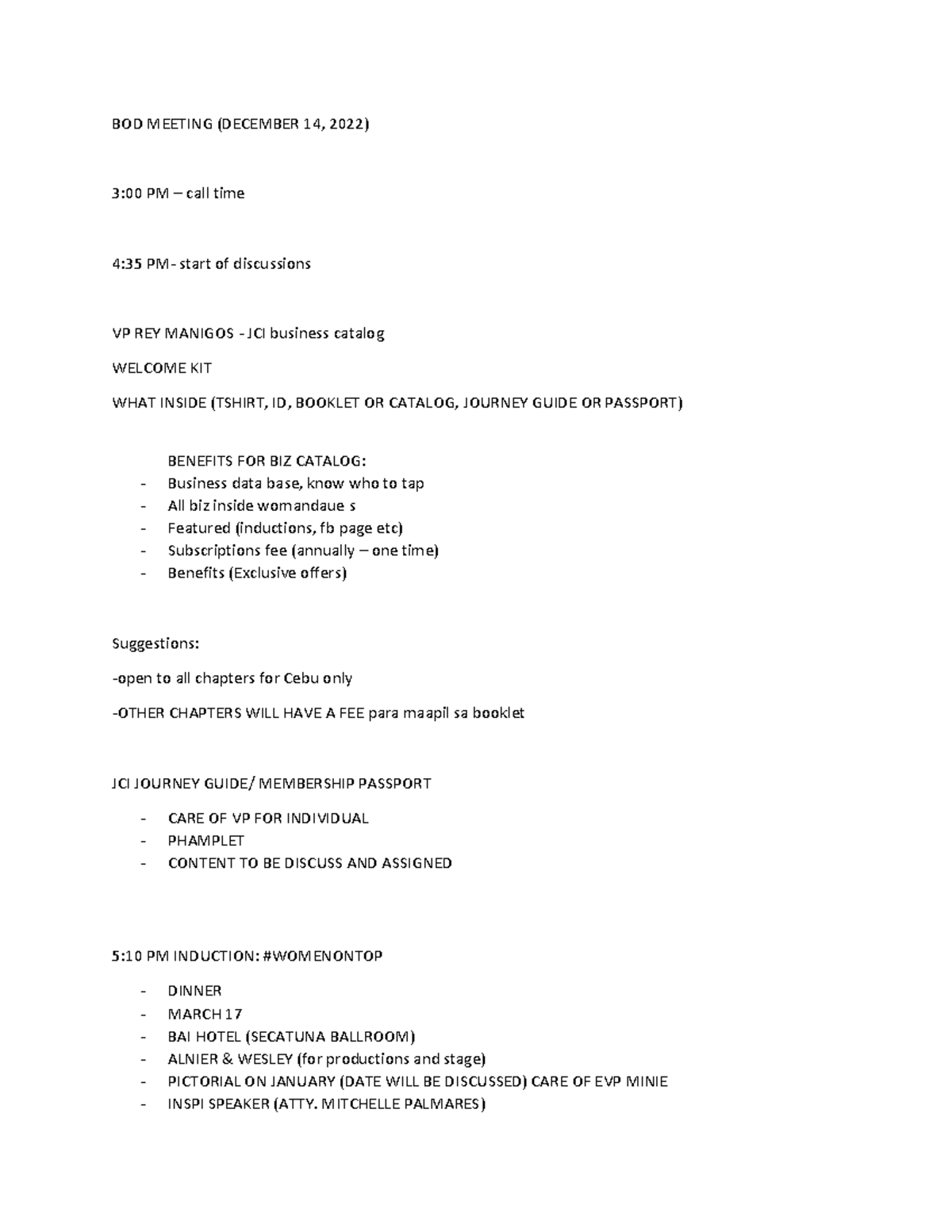 BOD Meeting DEC 14 2022 - notes - BOD MEETING (DECEMBER 14, 2022) 3:00 ...