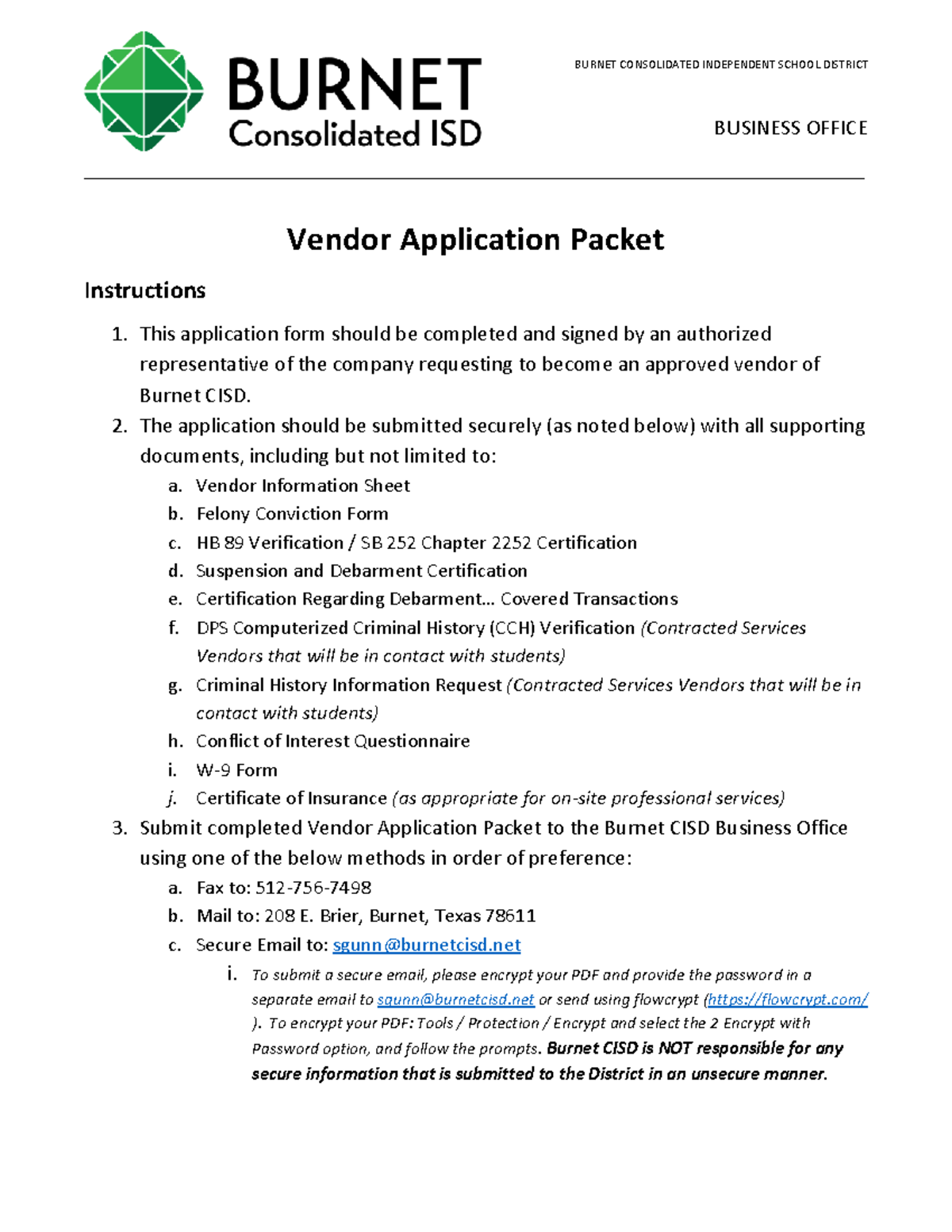 Vendor Application Packet-August 2022 - BURNET CONSOLIDATED INDEPENDENT ...