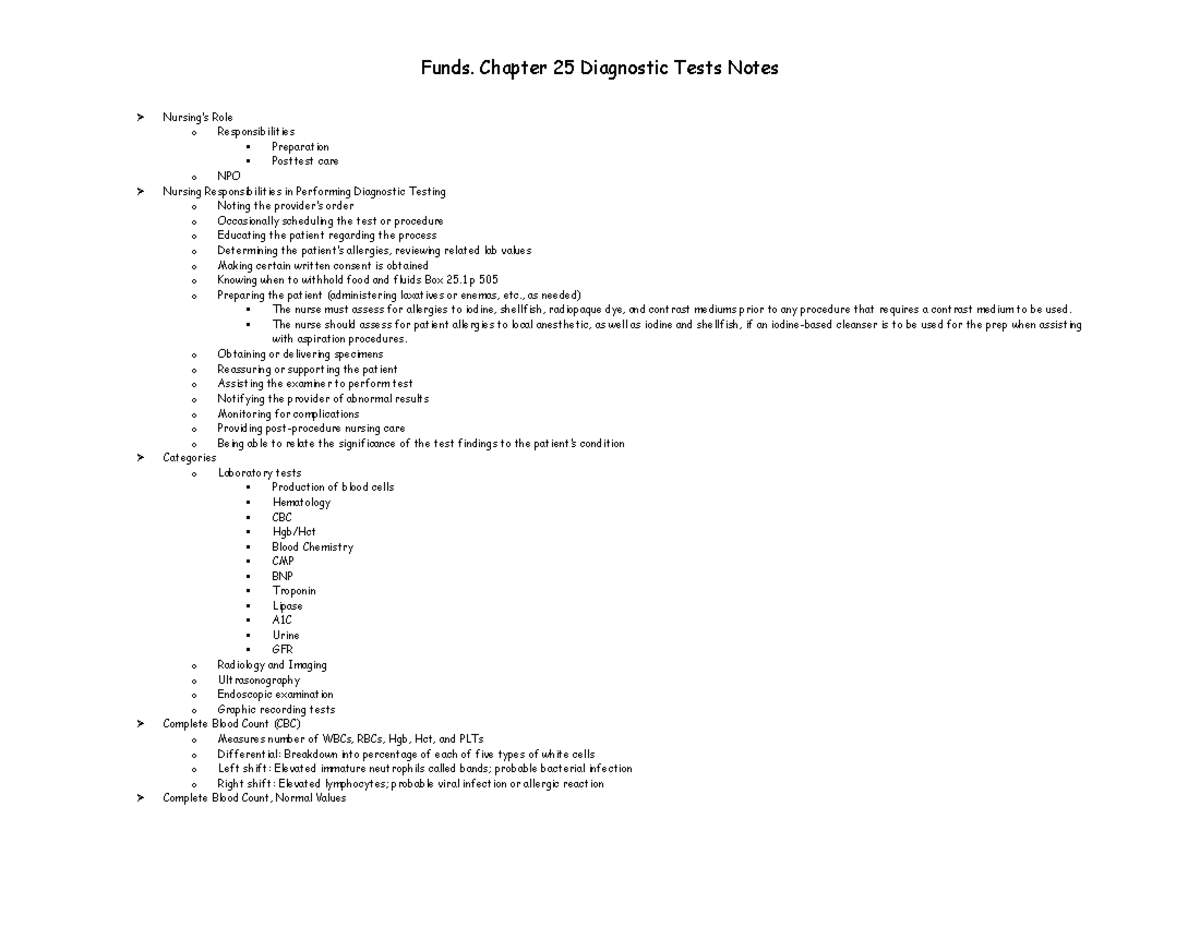 Fundamentals Chapter 25 Diagnostic Tests Notes - Nursing’s Role o ...