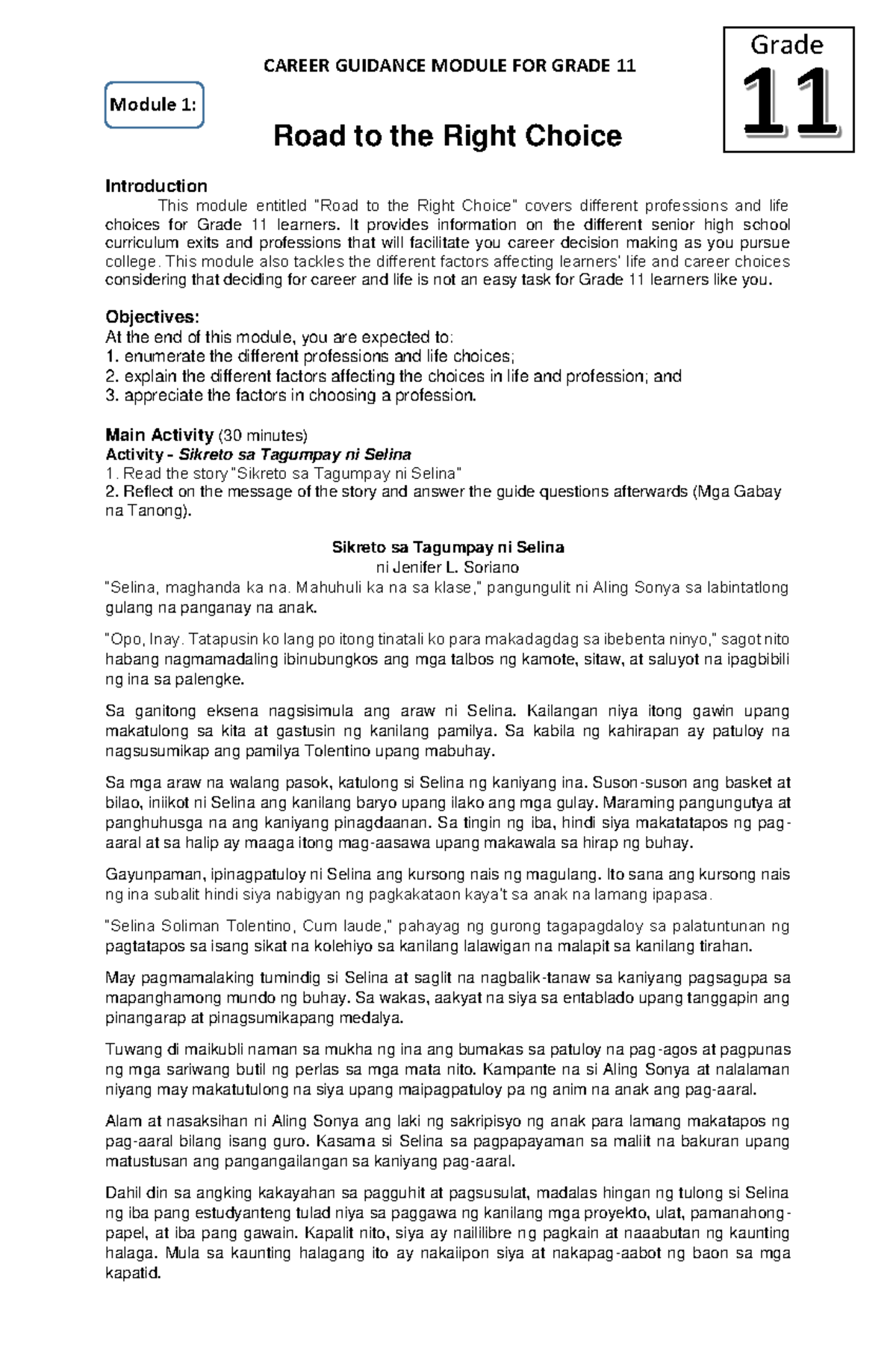 Q2 - CG Module 1 & 2 FOR Grade 11 - CAREER GUIDANCE MODULE FOR GRADE 11 ...