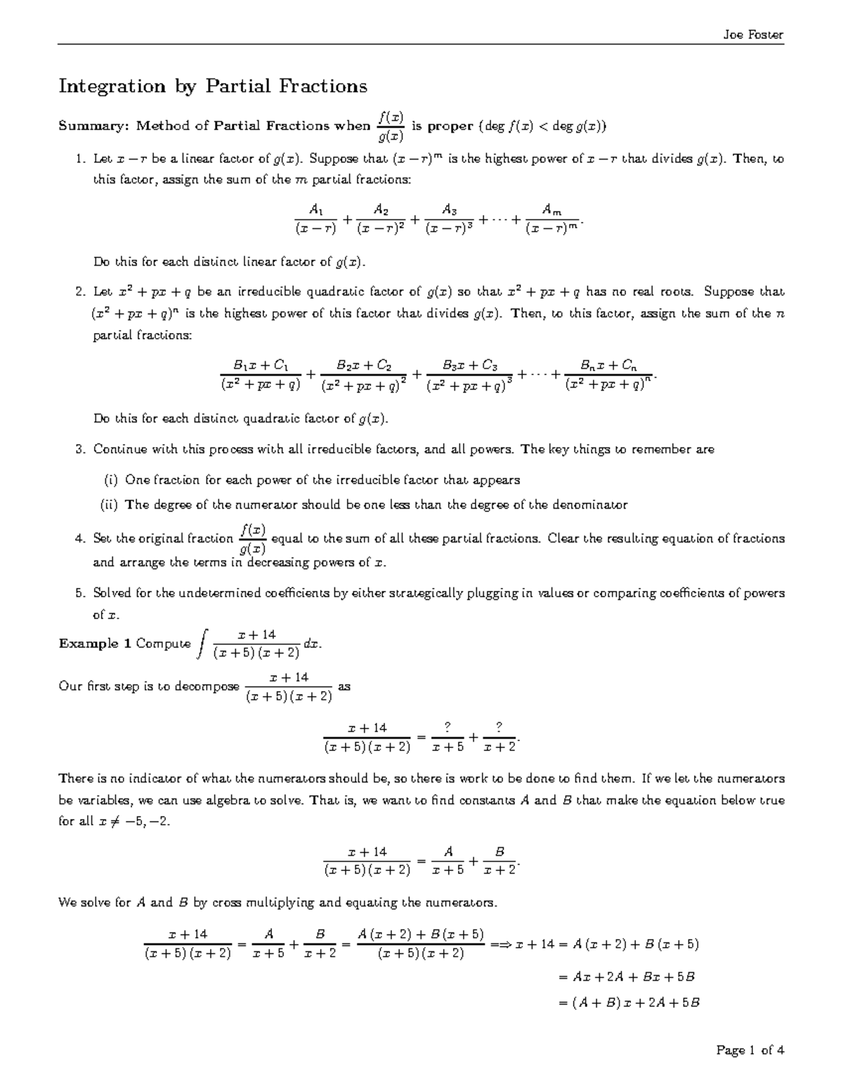 Integration by Partial Fractions - Joe Foster Integration by Partial ...