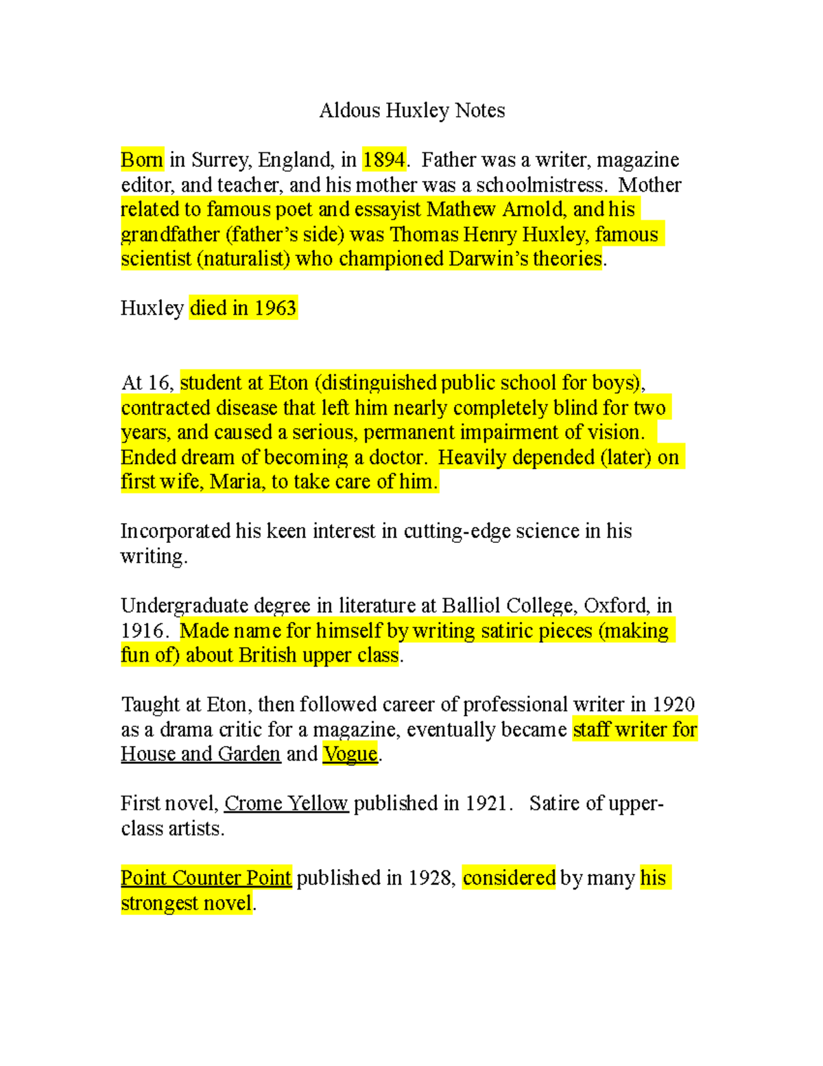 Brave New World Huxley Notes - Aldous Huxley Notes Born in Surrey ...