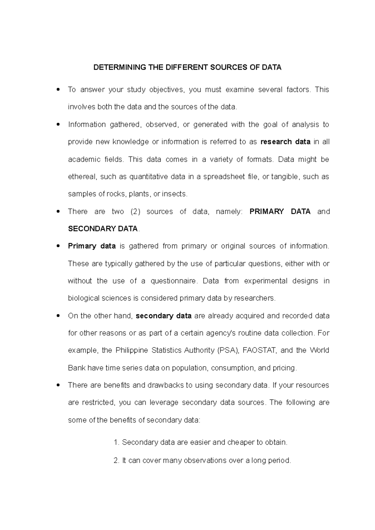 Sources of data - DETERMINING THE DIFFERENT SOURCES OF DATA To answer ...