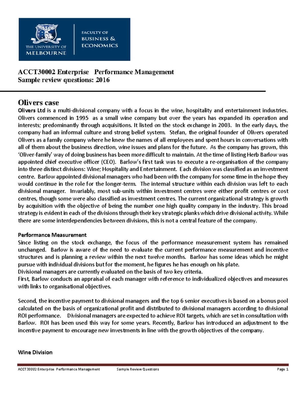 2016 assignment - Enterprise Performance Management Sample review ...