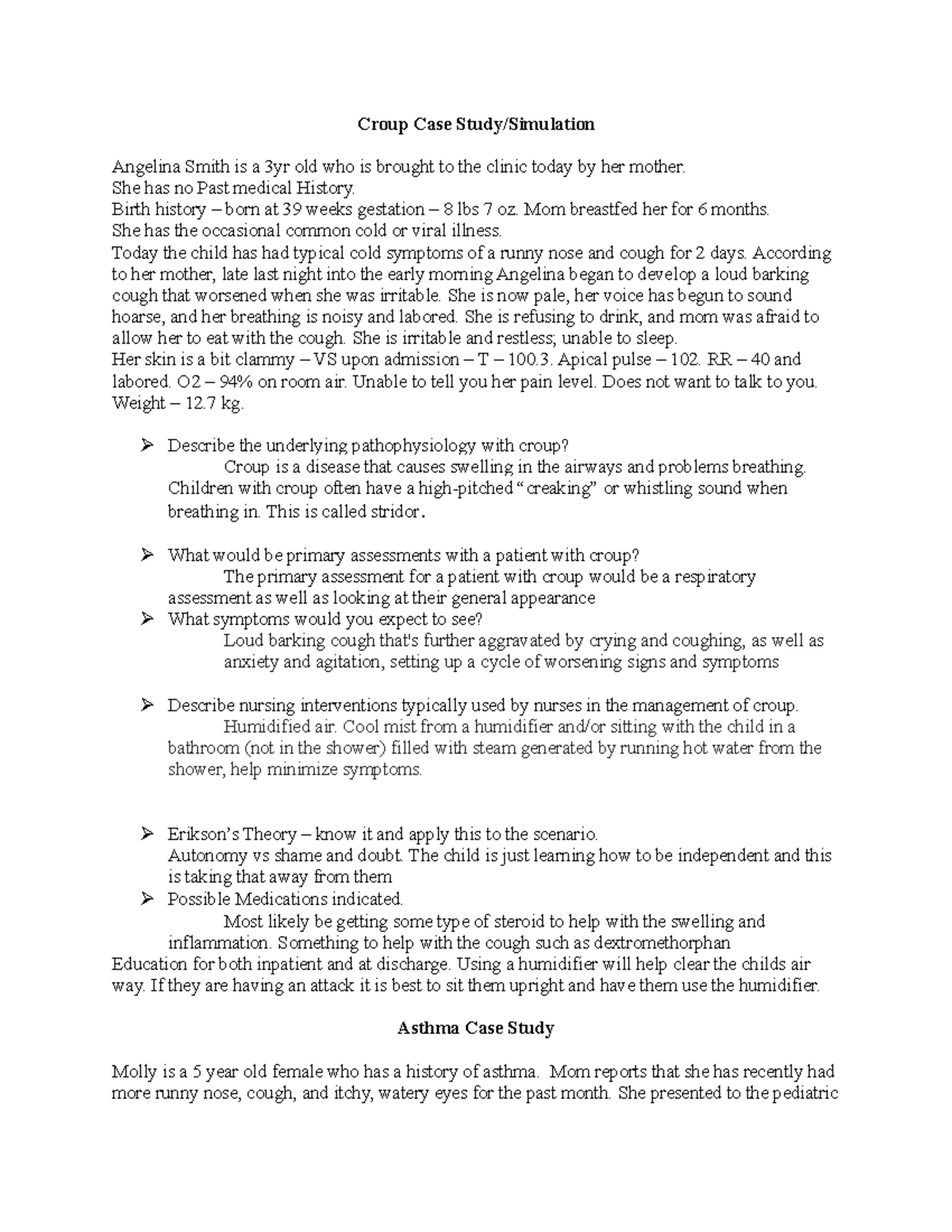 Asthma croup case studies - Croup Case Study/Simulation Angelina Smith ...