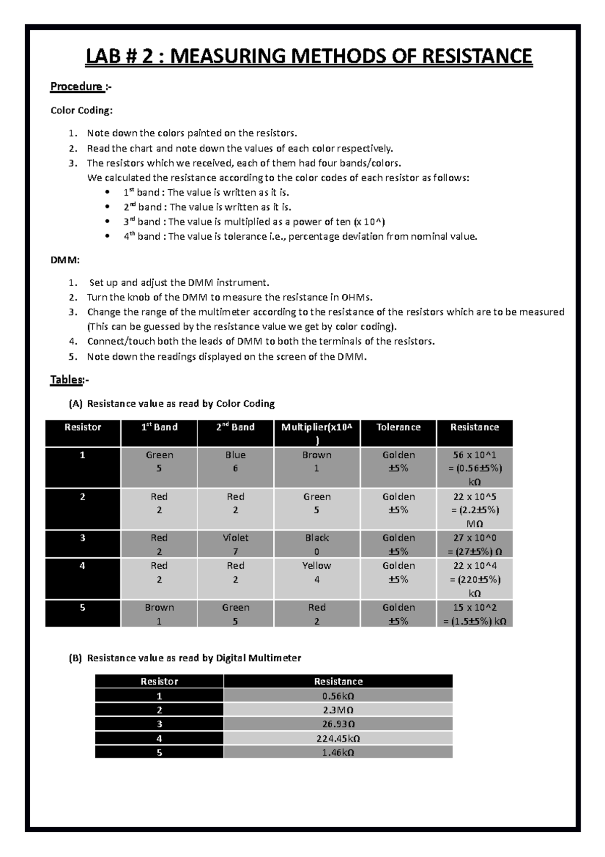AV Lab Resistance measurement - LAB # 2 : MEASURING METHODS OF ...