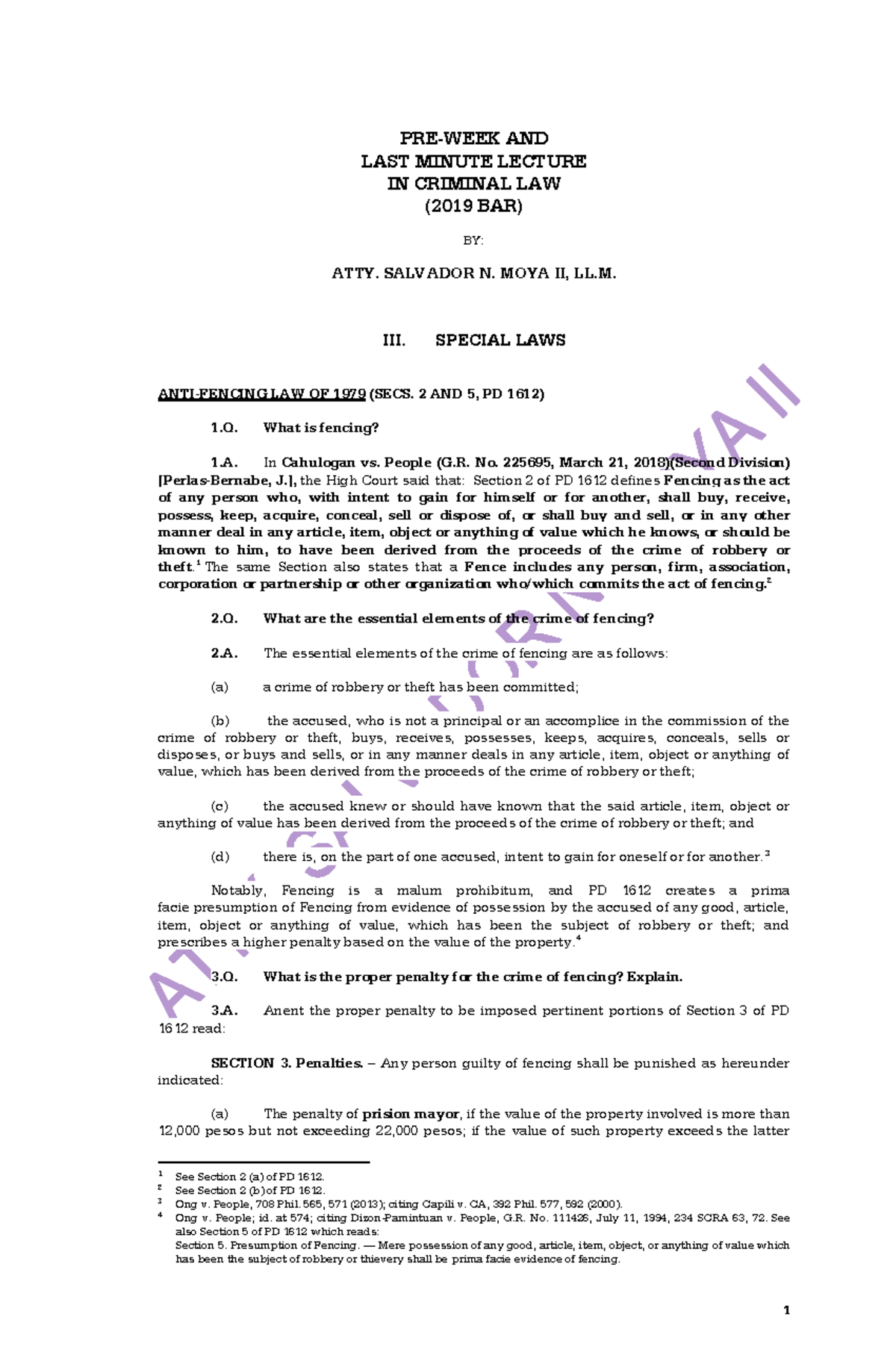 Part III BOOK II Special Laws Criminal Law 2019 Bar Last Minute SNM II ...