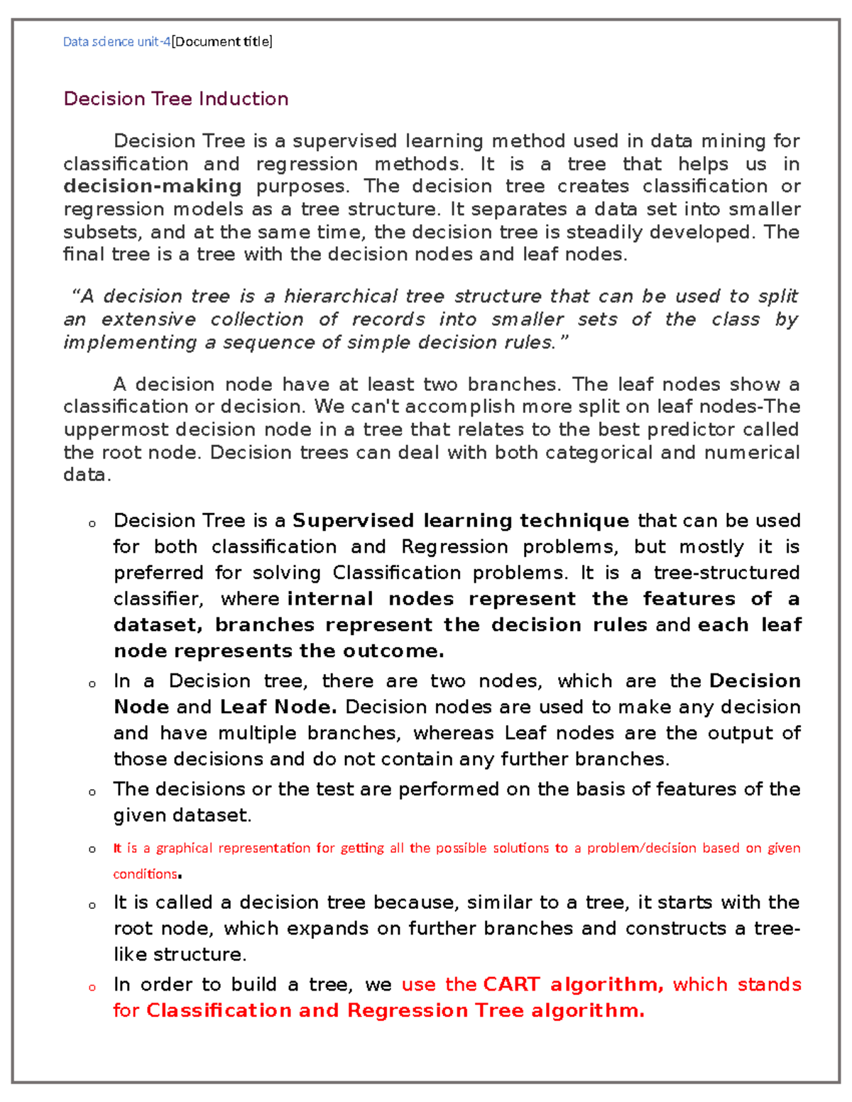 Data science notes - Decision Tree Induction Decision Tree is a ...