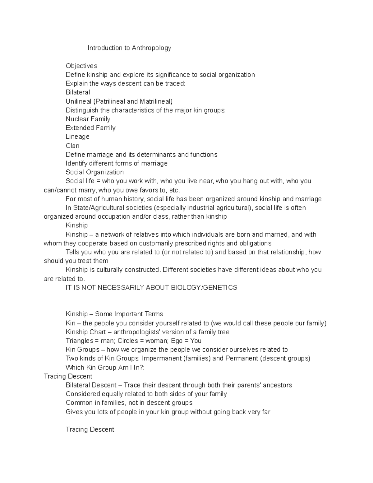 13 - notes - Introduction to Anthropology Objectives Define kinship and ...