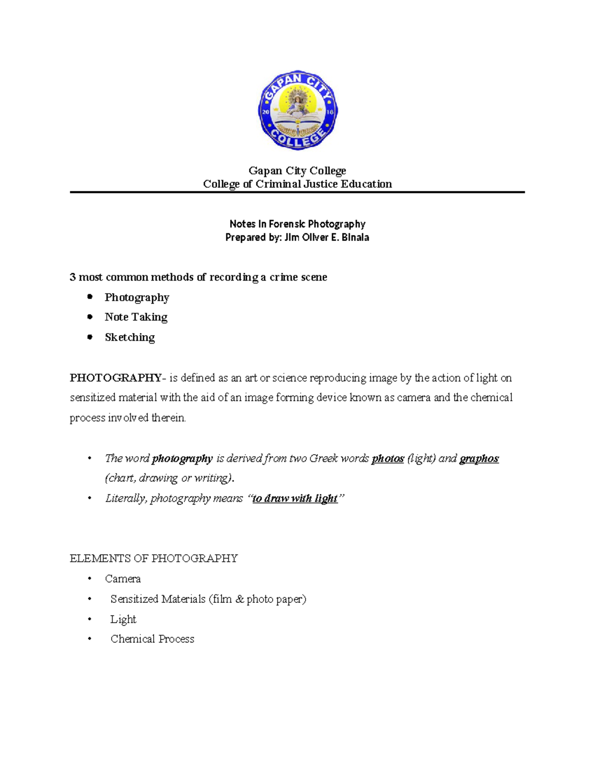 Notes-photography - Photography - Gapan City College College of ...