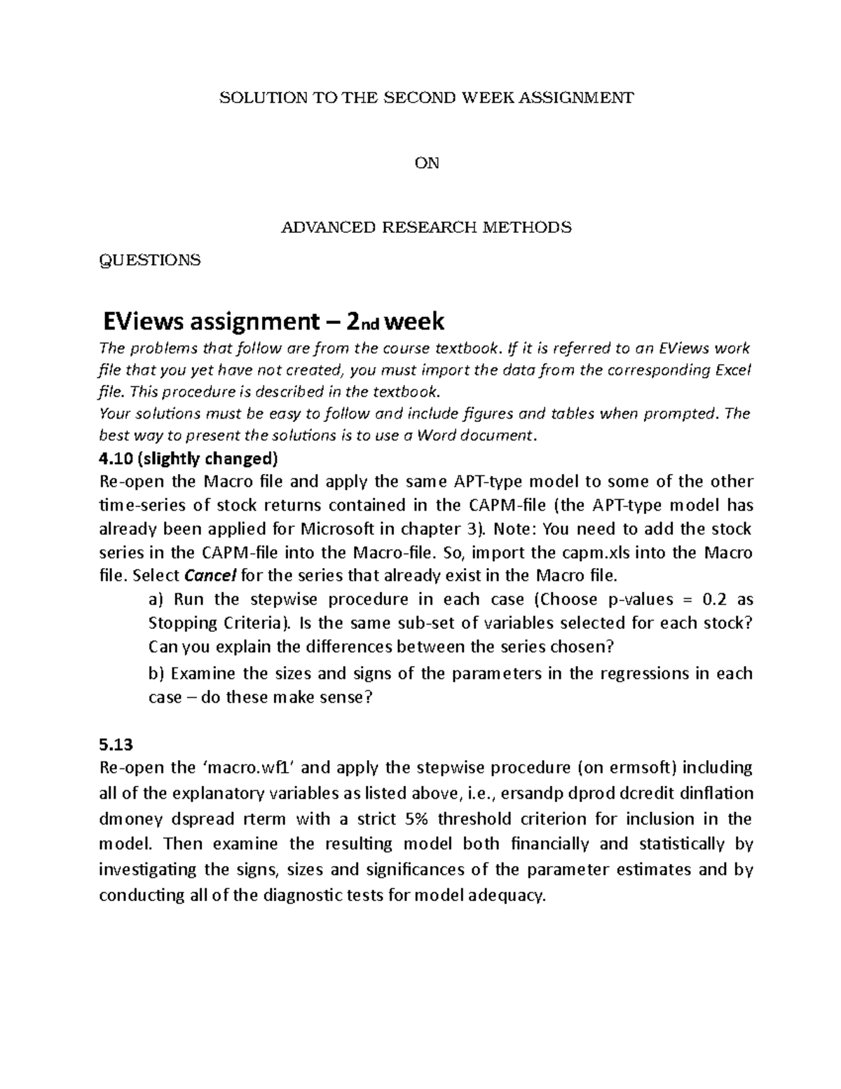 Solution To 2nd Week Assignment On Eview Solution To The Second Week Assignment On Advanced