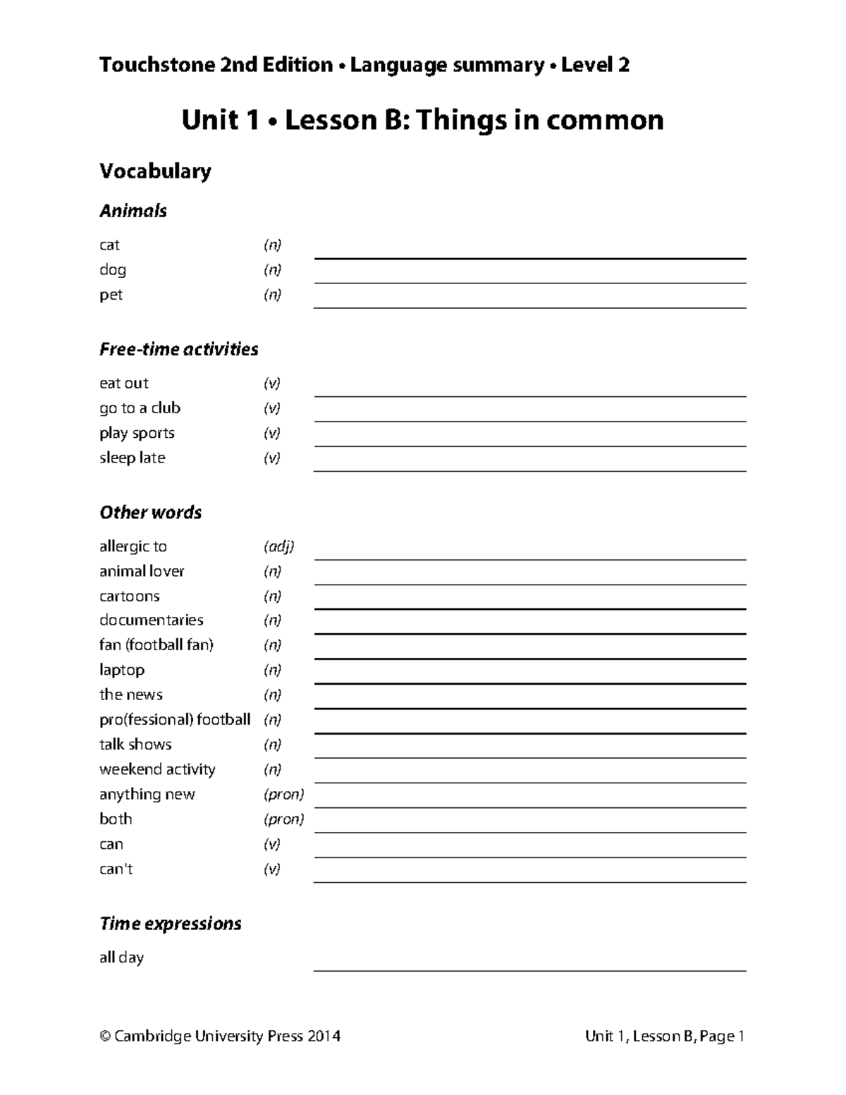 TS2e L2 U1 LB Langsum - Too and either - Touchstone 2nd Edition • Language summary • Level 2 ...