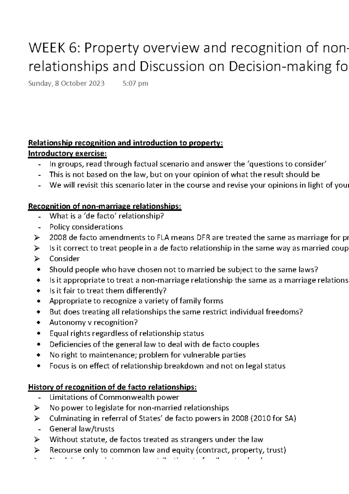 WEEK 6 Property overview and recognition of non-marriage relationships ...