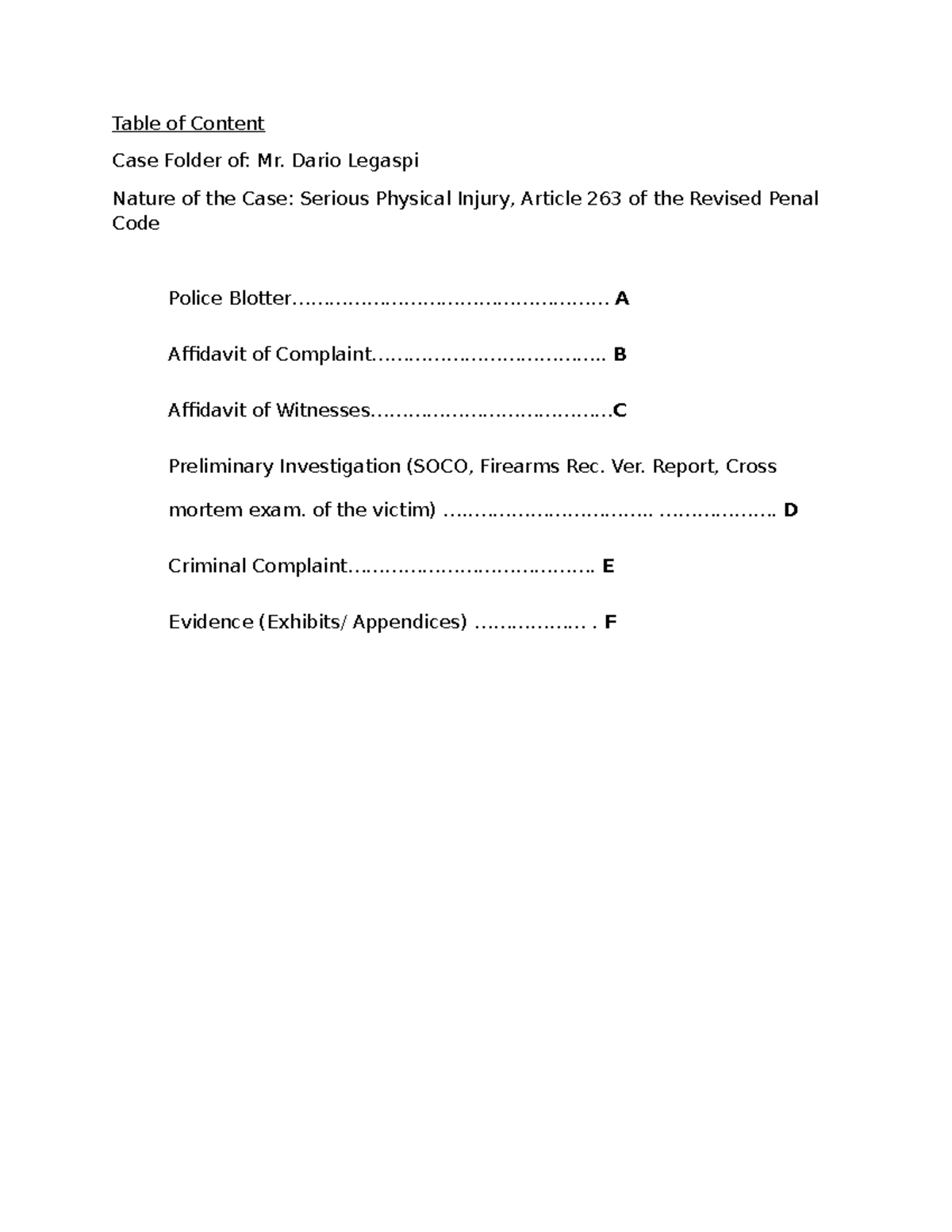 Affidavits MOCK Trial - Table of Content Case Folder of: Mr. Dario ...