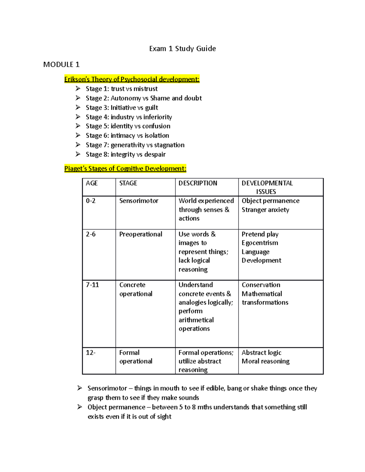 Exam 1 Study Guide - Exam 1 Study Guide MODULE 1 Erikson’s Theory of ...