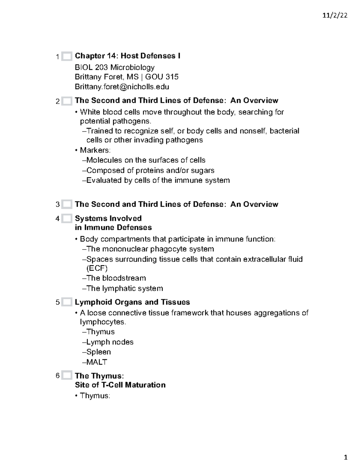 Ch14 lecture - Bio 204 - Ms. Foret - 11/2/ 1 Chapter 14: Host Defenses I BIOL 203 Microbiology ...