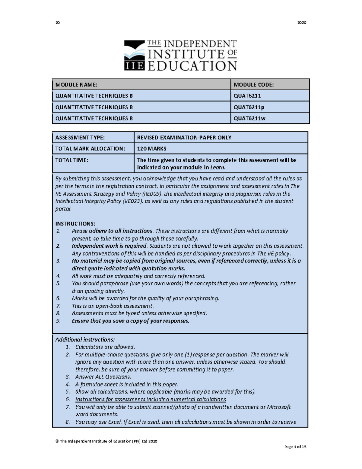 QUAT6211Ea C19 - Practice materials - MODULE NAME: MODULE CODE ...