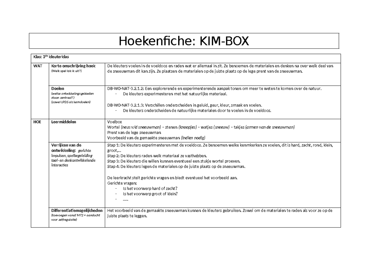 Hoekenfiche KIM-BOX - hoedenfiche KIM-box - Hoekenfiche: KIM-BOX Klas: 3de kleuterklas WAT Korte ...