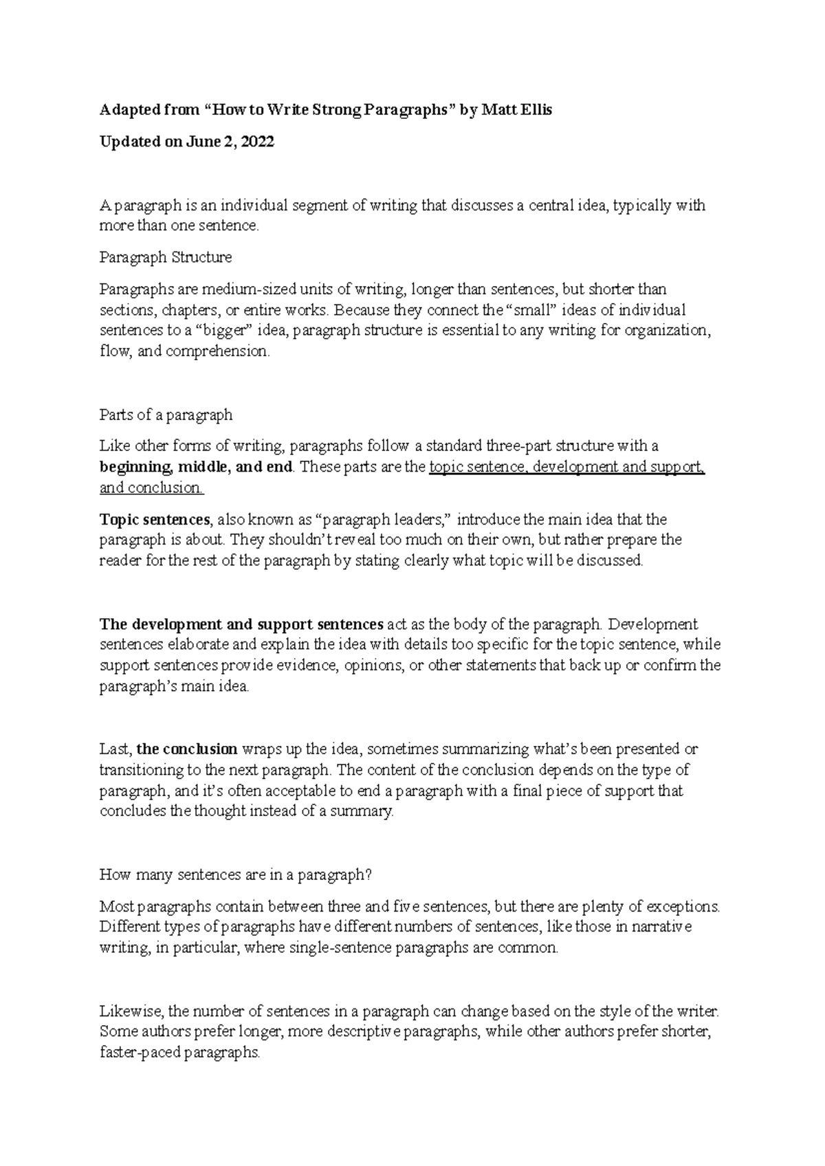 Notes - Adapted from “How to Write Strong Paragraphs” by Matt Ellis ...