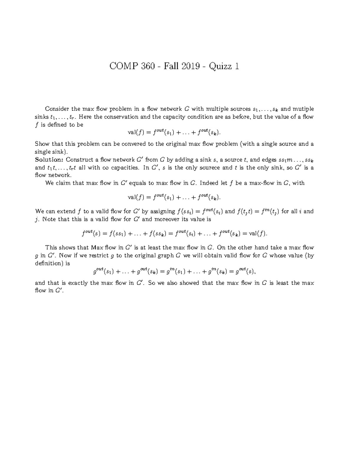COMP 360 Algorithmic Design Quiz 1 - COMP 360 - Fall 2019 - Quizz 1 Consider the max flow ...