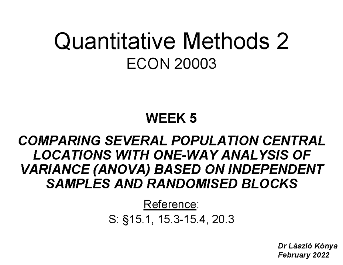 Week 5-6 - COMPARING SEVERAL POPULATION CENTRAL LOCATIONS WITH ONE-WAY ...