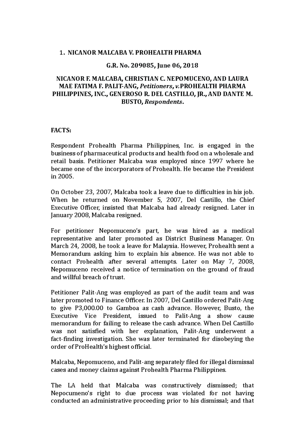 Malcaba v. Prohealth Pharma - 1. NICANOR MALCABA V. PROHEALTH PHARMA G ...