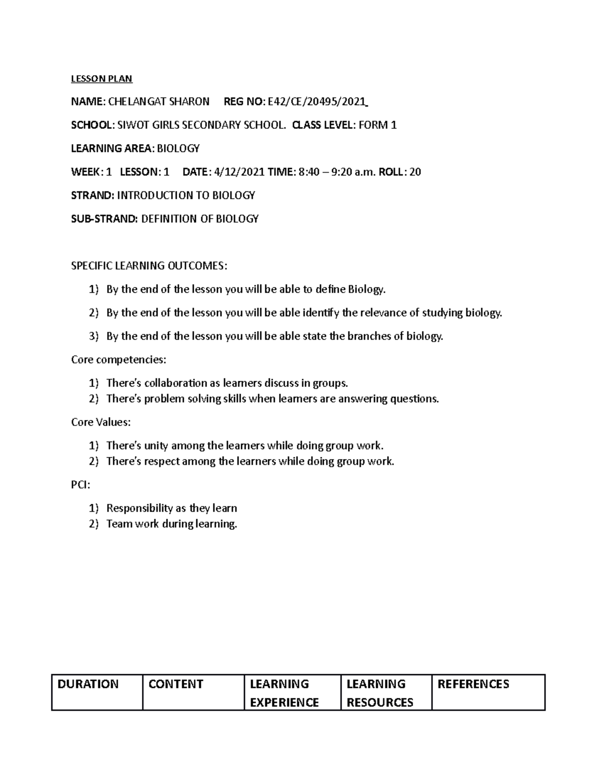 Lesson PLAN Final - LESSON PLAN NAME : CHELANGAT SHARON REG NO : E42/CE ...