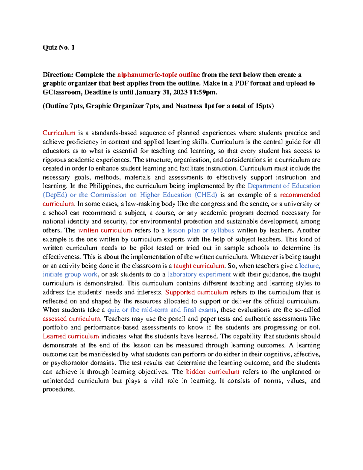 11D Alfonso RW Quiz 1 - Alphanumeric topic outline - Quiz No. 1 ...