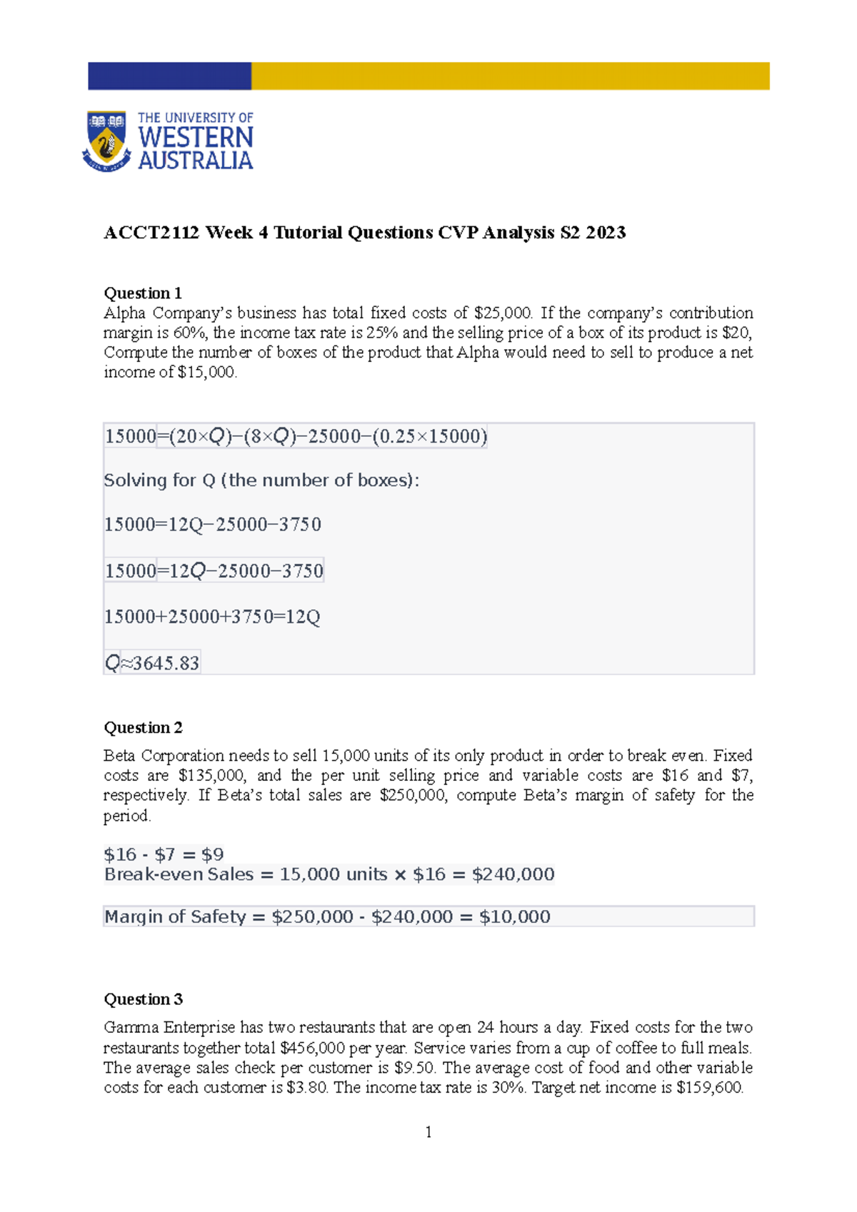 4 ACCT2112 Week 4 Tute Qns CVP S2 2023 - ACCT2112 Week 4 Tutorial Questions CVP Analysis S2 2023 ...
