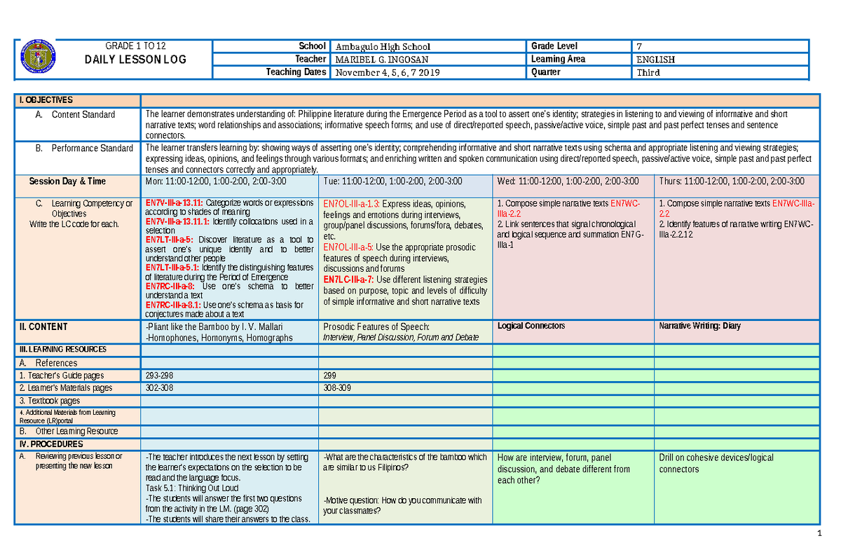 Week 2 - weekly lesson plan for English 7 & 8 - GRADE 1 TO 12 DAILY ...