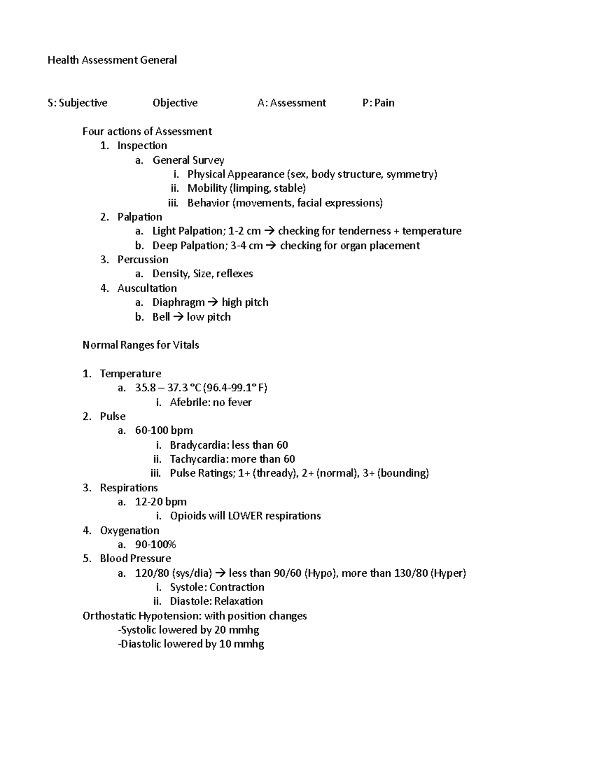 Health Assessment General Notes - Health Assessment General S ...